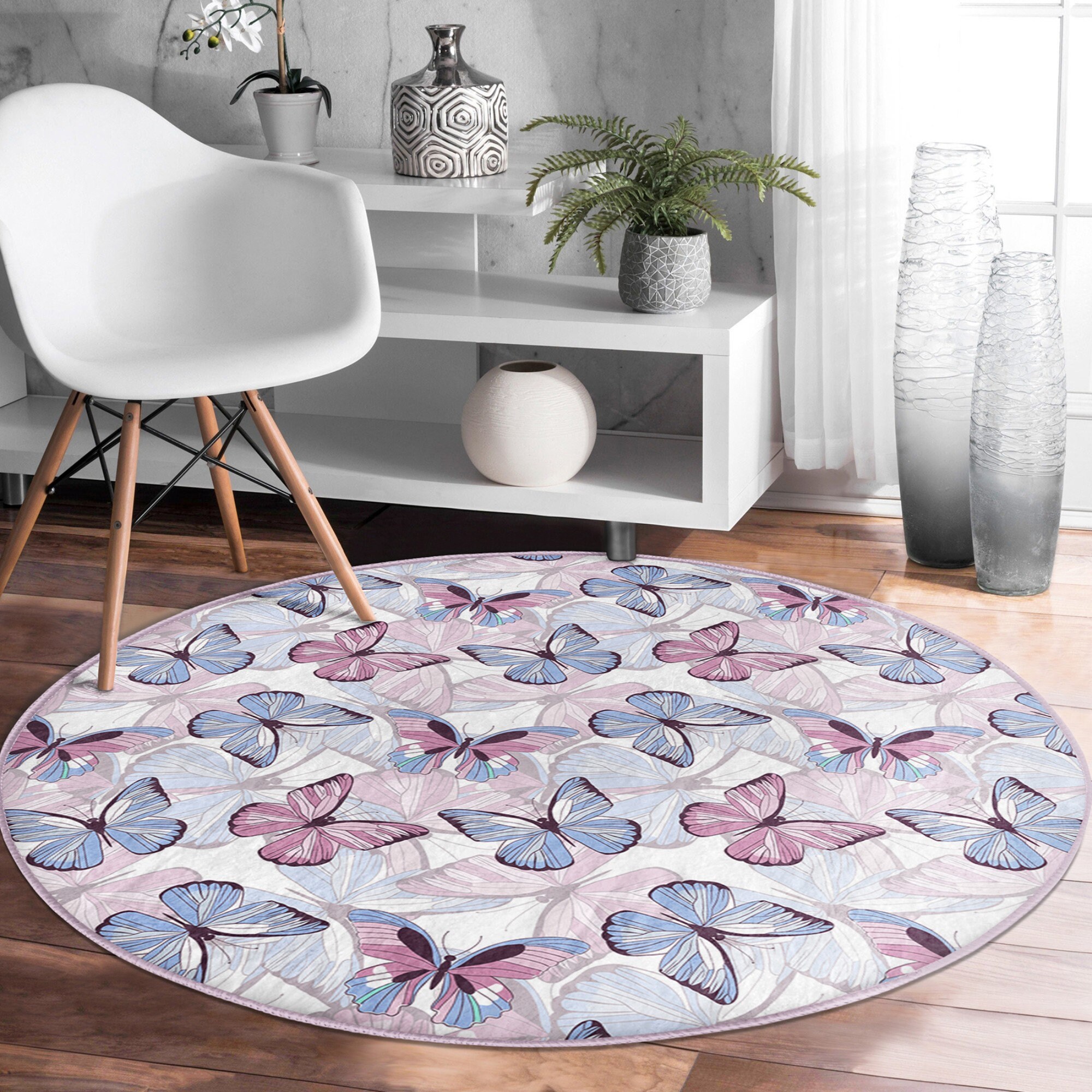 Butterfly Area Rug, Butterfly Patterned Circle Carpet, Kids Room ...