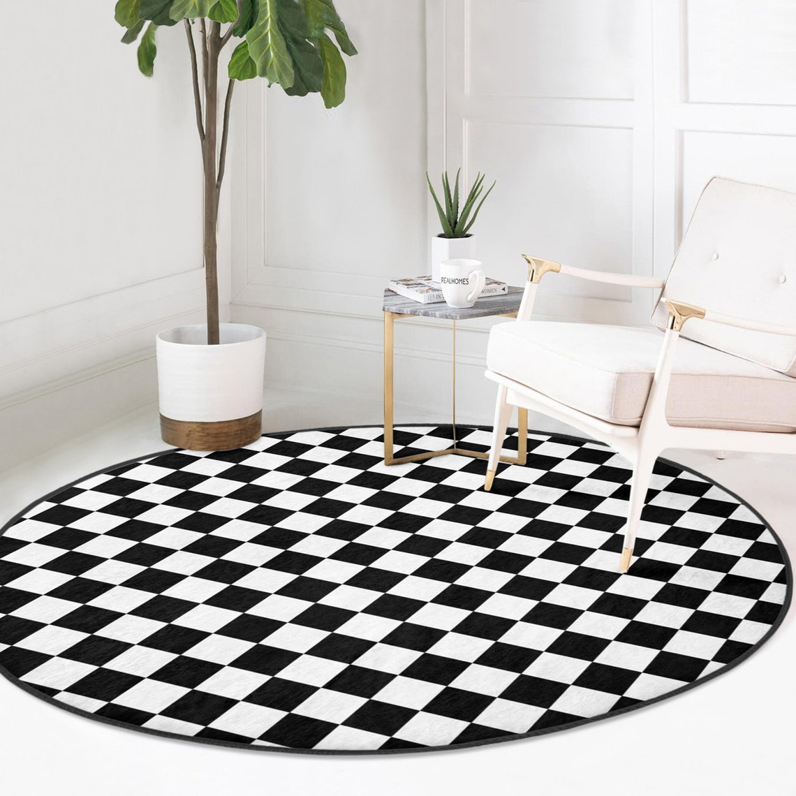 Checkered Round Rug, Black and White Checkered Circle Rug, Living Room ...