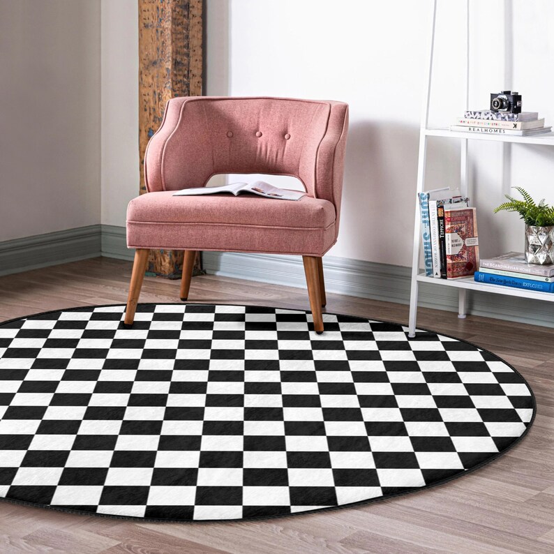 Checkered Round Rug, Black and White Checkered Circle Rug, Living Room ...