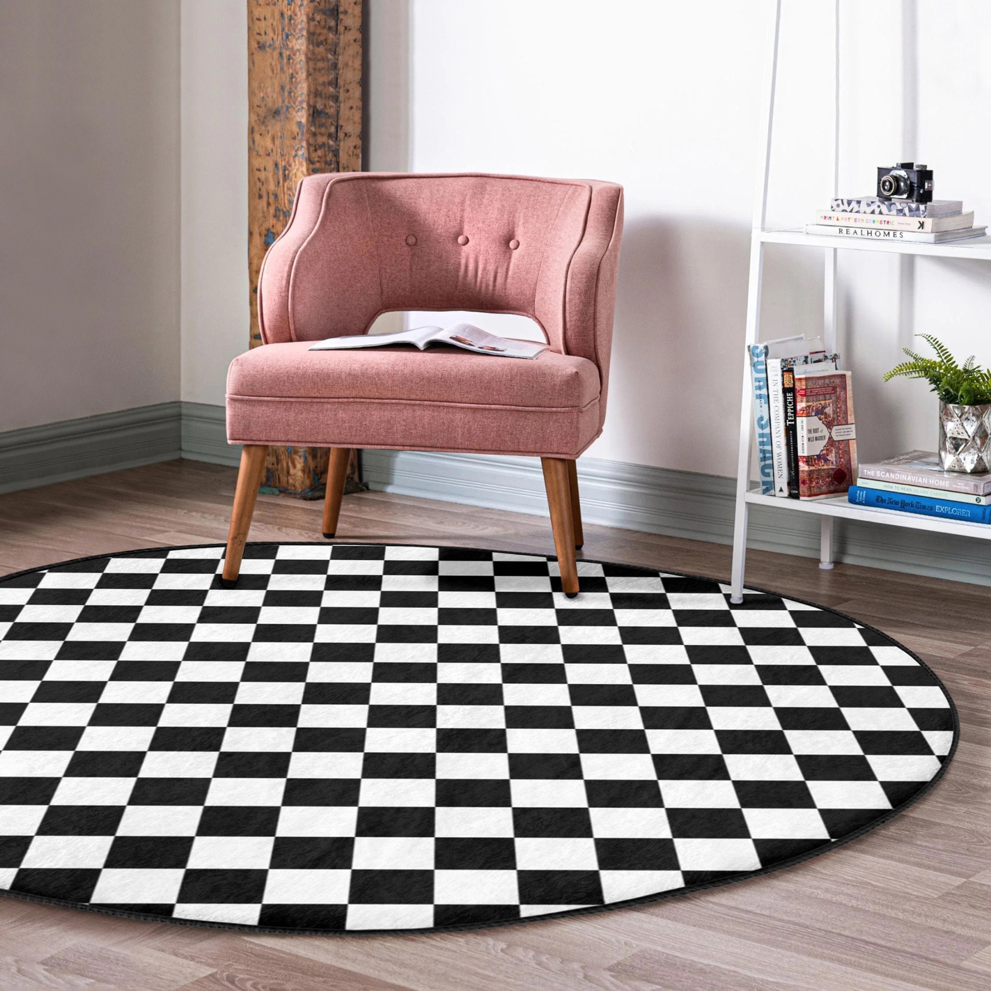 Checkered Round Rug, Black and White Checkered Circle Rug, Living Room ...