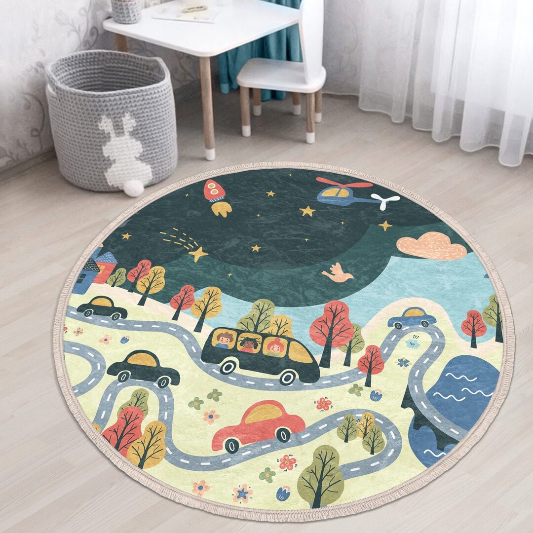 Nursery Room Round Rug, Kids Room Car Printed Circle Round, Nonslip ...