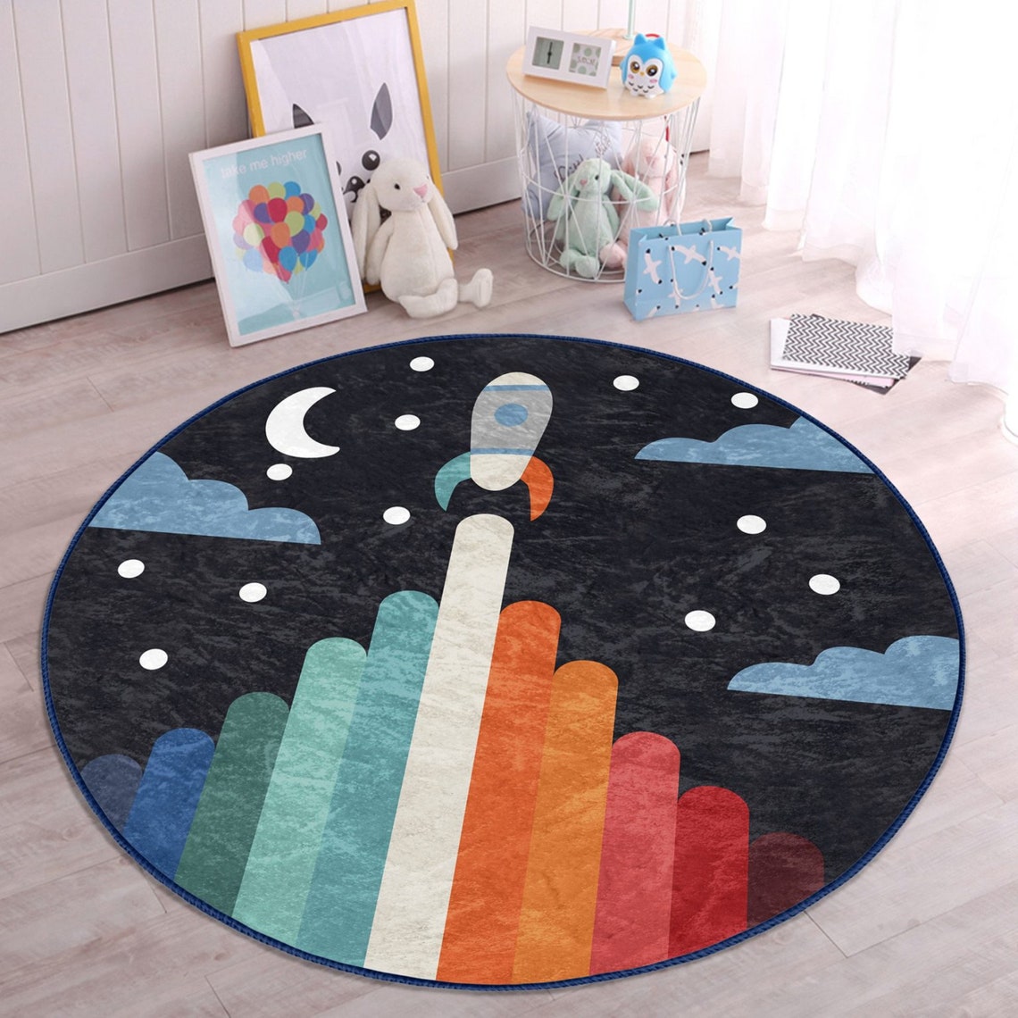 Space Rocket Kids Rug, Nursery Room Space Patterned Round Rug, Baby ...