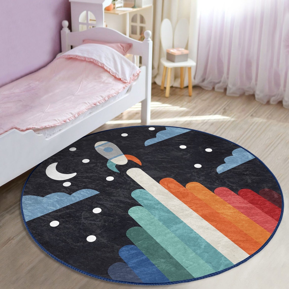 Space Rocket Kids Rug, Nursery Room Space Patterned Round Rug, Baby ...