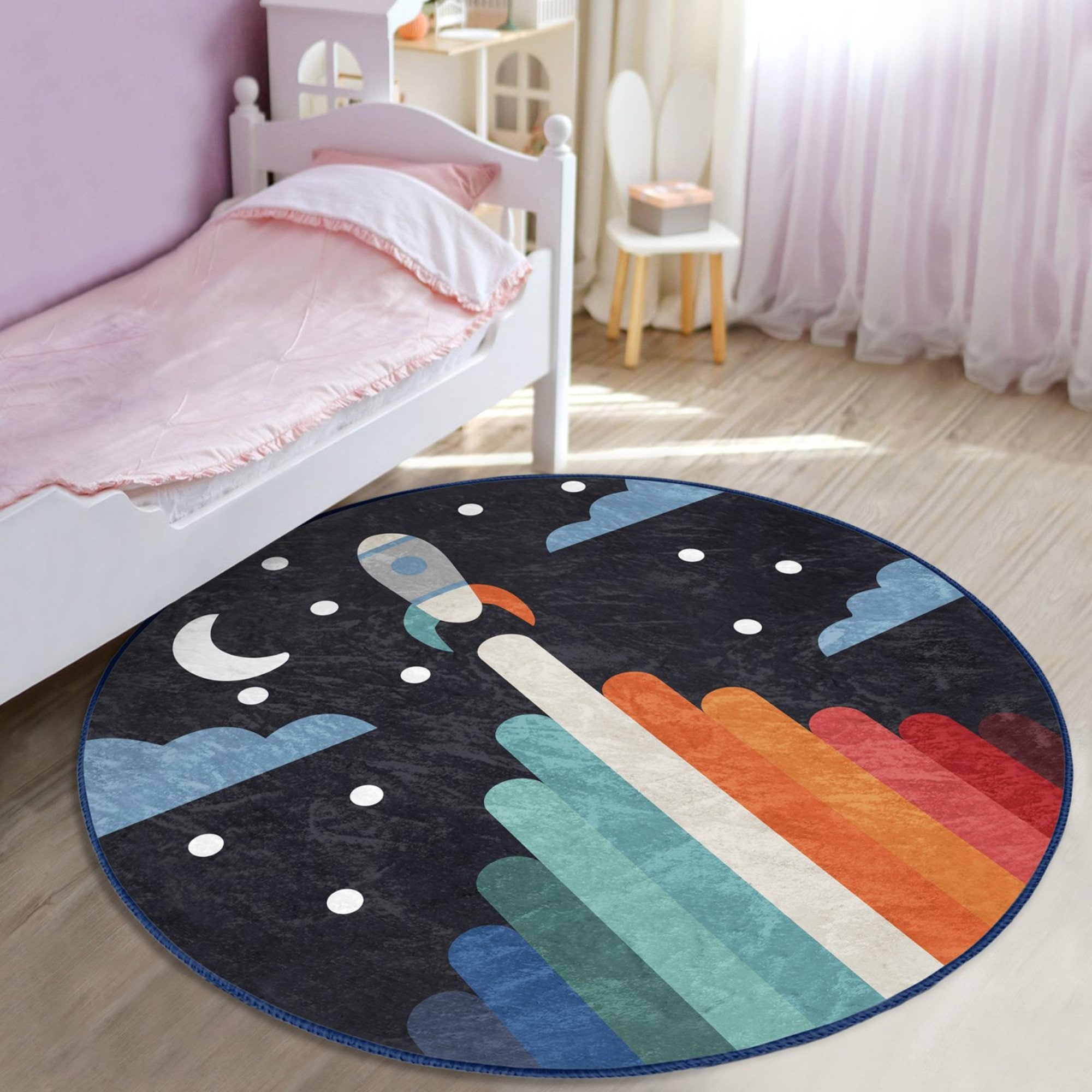 Space Rocket Kids Rug, Nursery Room Space Patterned Round Rug, Baby ...