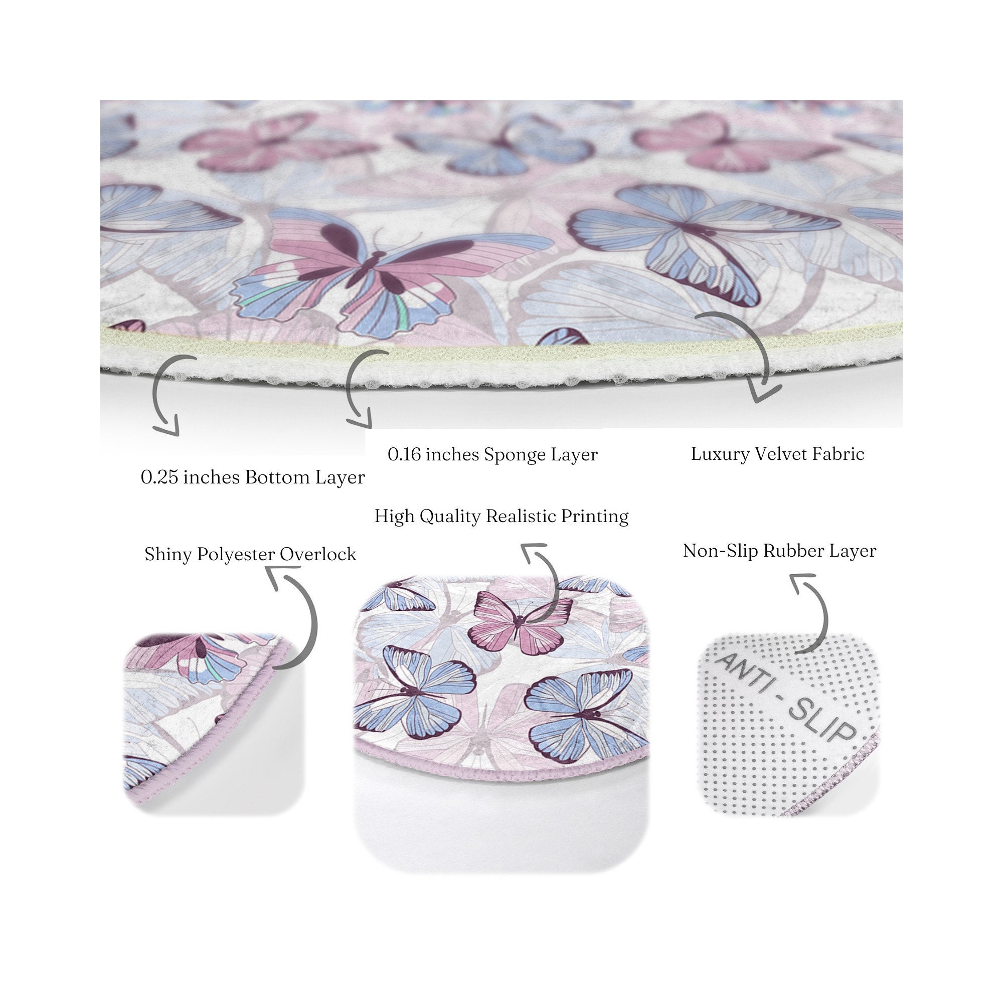 Butterfly Area Rug, Butterfly Patterned Circle Carpet, Kids Room ...