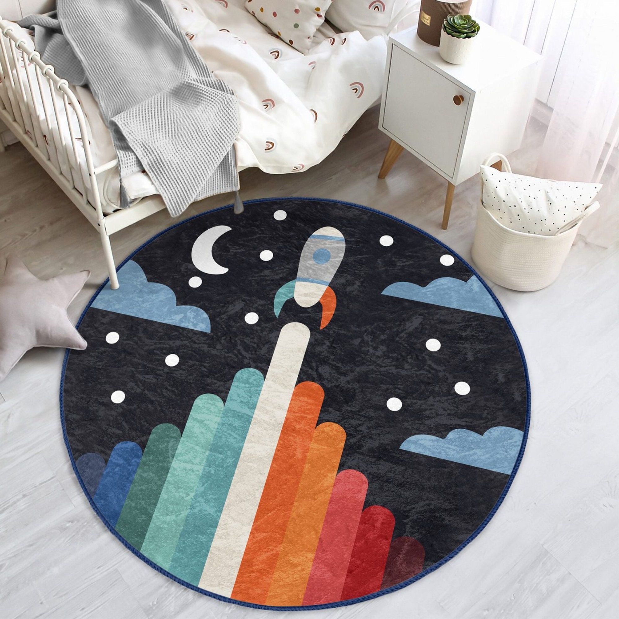 Space Rocket Kids Rug, Nursery Room Space Patterned Round Rug, Baby ...