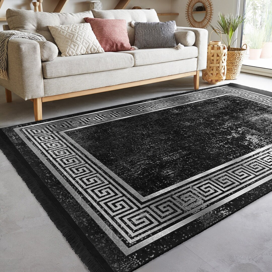 Luxury Black Rug, Living Room Decoration Washable Rug, Bedroom Non Slip ...