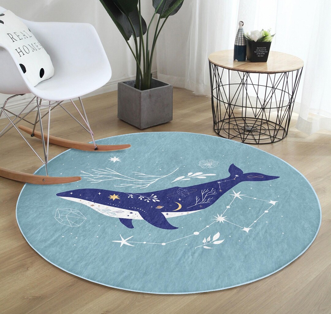 Kids Room Blue Whale Round Rug, Nursery Room Area Rug, Cute Whale ...