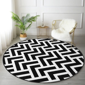 Black-white Decorative Round Rug, Circle Non Slip Area Carpet, Living ...
