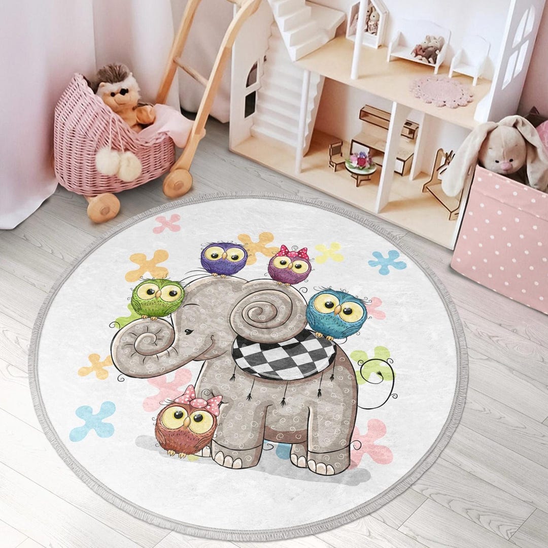 Elephant-owl Kids Round Rug, Nursery Room Decorative Circle Carpet ...