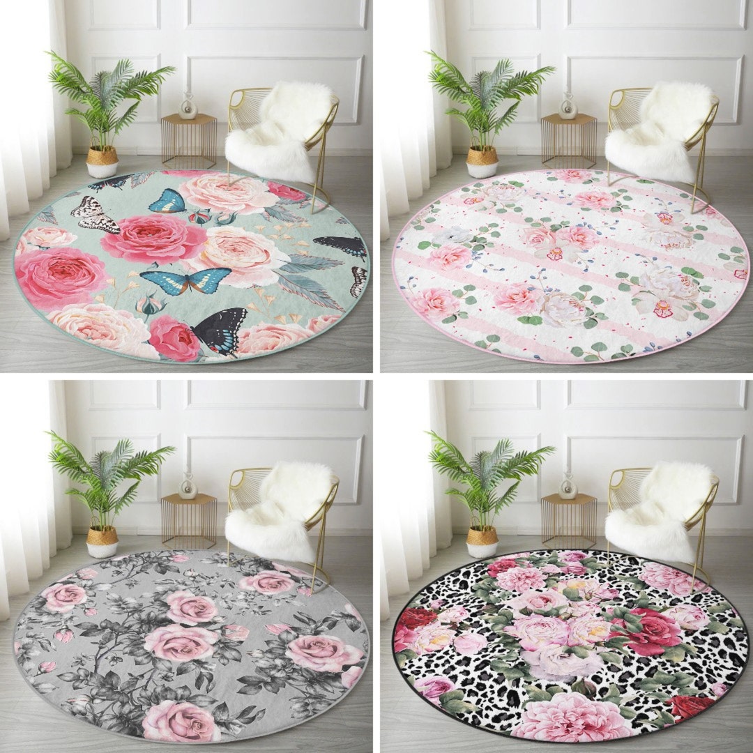 Rose Pattern Round Rug Living Room Decorative Rose Printed - Etsy