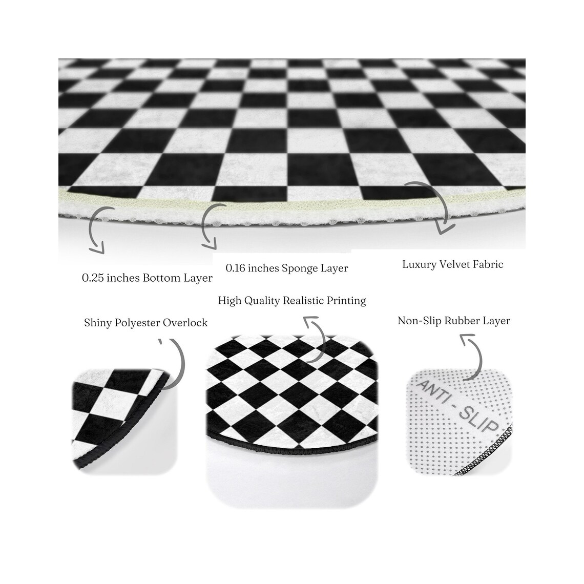 Checkered Round Rug, Black and White Checkered Circle Rug, Living Room ...