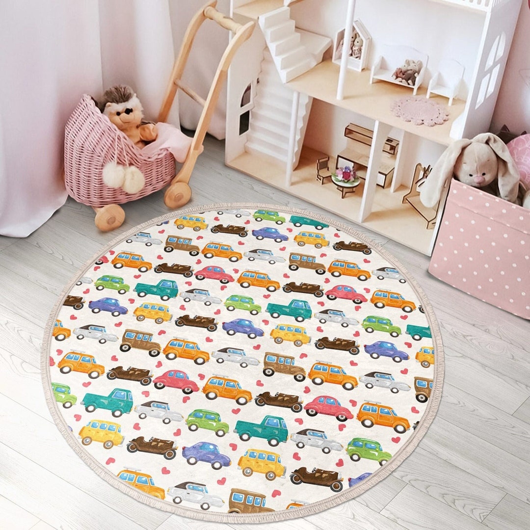 Cars Kids Round Rug, Nursery Room Decorative Cars Pattern Area Carpet ...