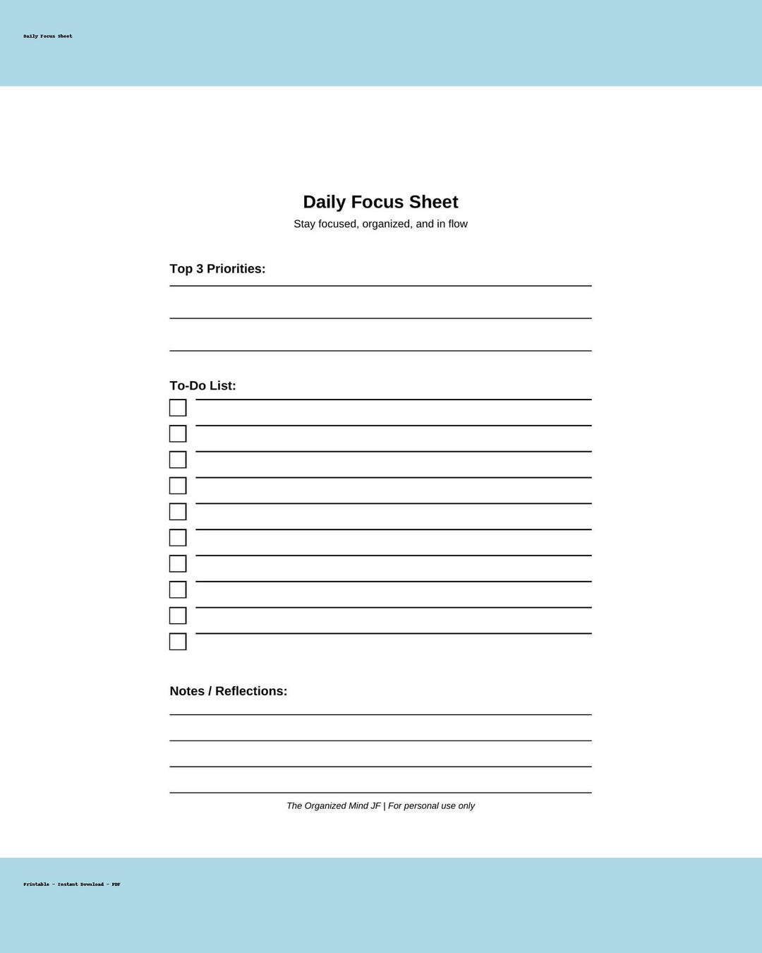 ADHD Daily Focus Sheet | Printable To-do List & Planner Page ...