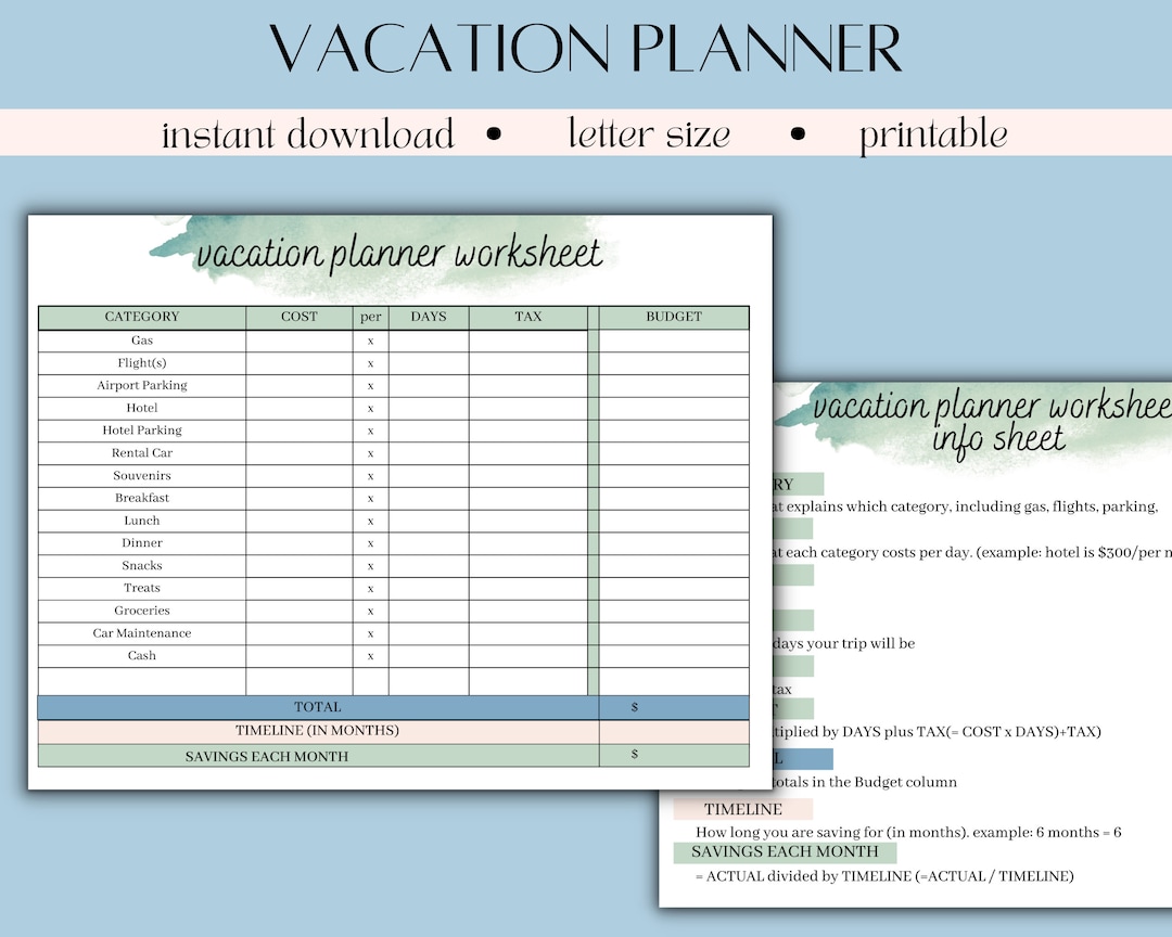 Vacation Planner Printable, Vacation Budget Planner Worksheet ...