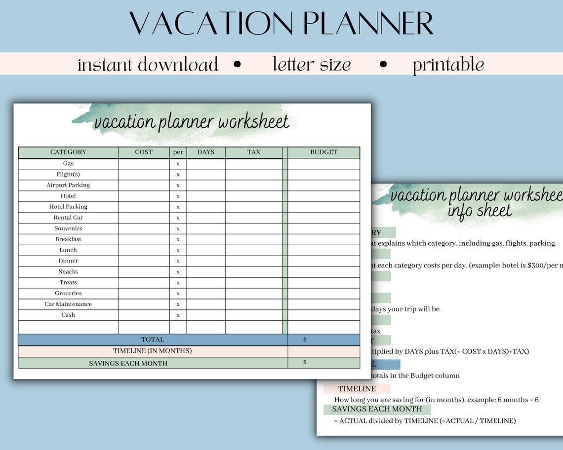 Vacation Planner Printable, Vacation Budget Planner Worksheet ...