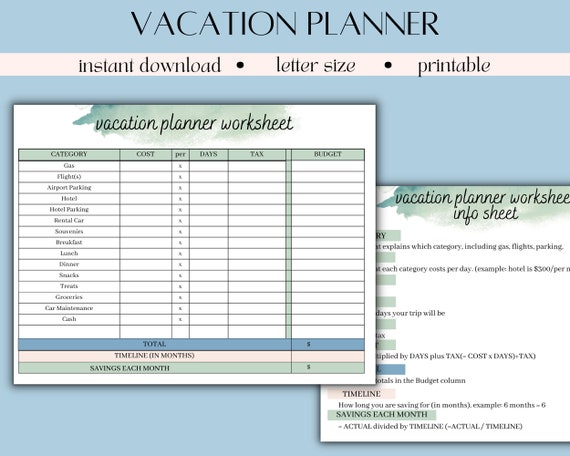 Vacation Planner Printable Vacation Budget Planner Worksheet - Etsy