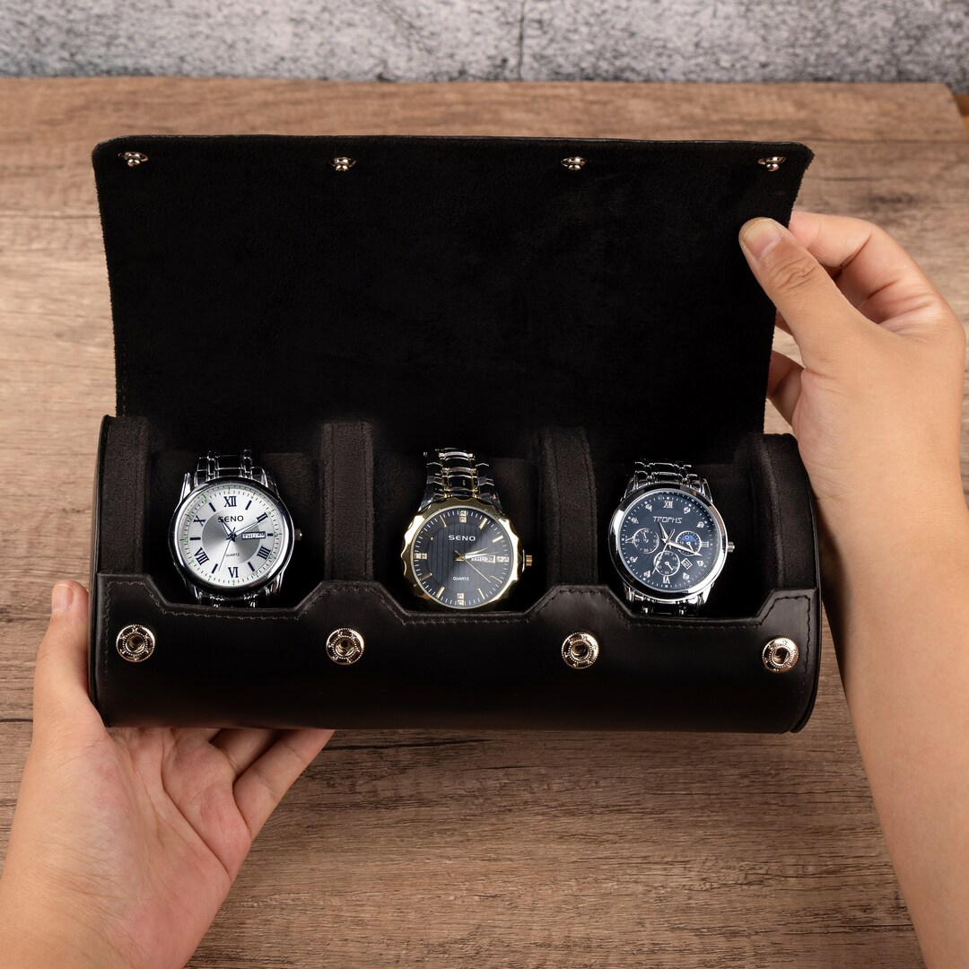 Personalized Crazy Horse Leather Watch Roll Travel Case for 3 Watches ...