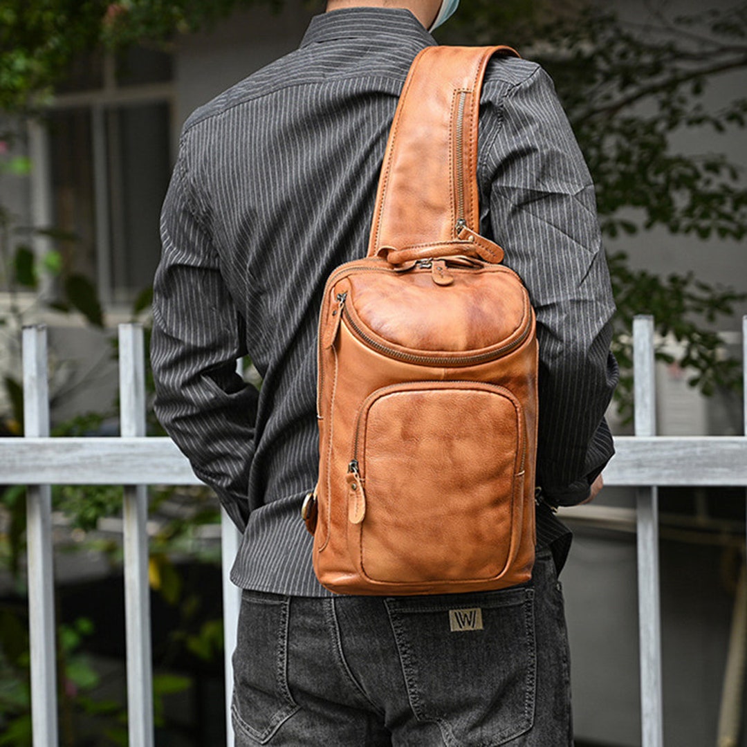 Genuine Leather Sling Backpack With Multi-pocket Chest Bag Hiking ...
