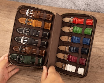 Full Grain Leather Watch Band Box for 12 Bands, Travel Watch Straps Box ...
