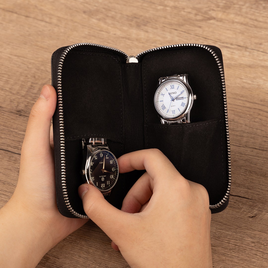 Personalized Crazy Horse Leather Travel Watch Case for Men, 2 Watches ...