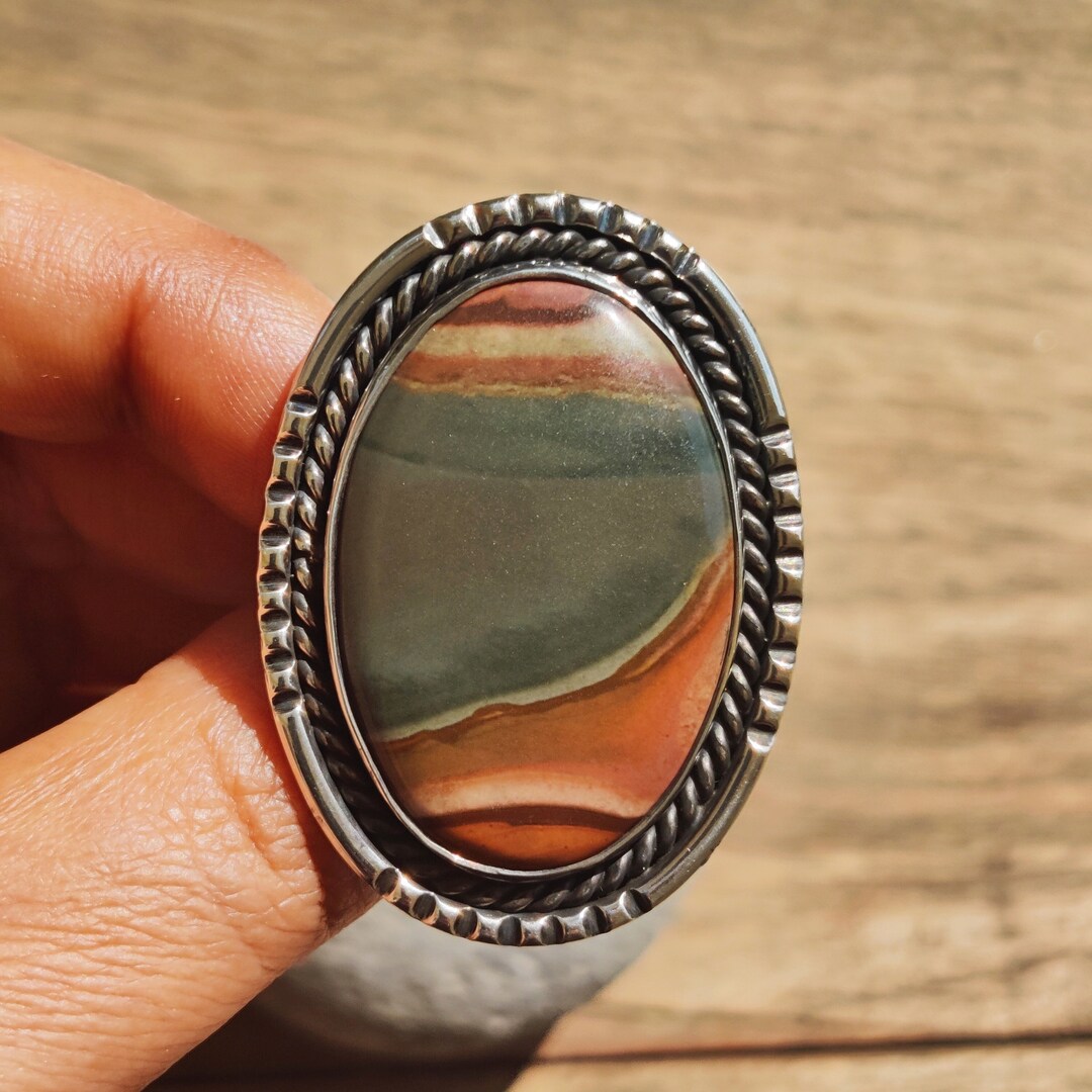 Large Owyhee Picture Jasper Ring in Sterling Silver-polychrome Jasper ...