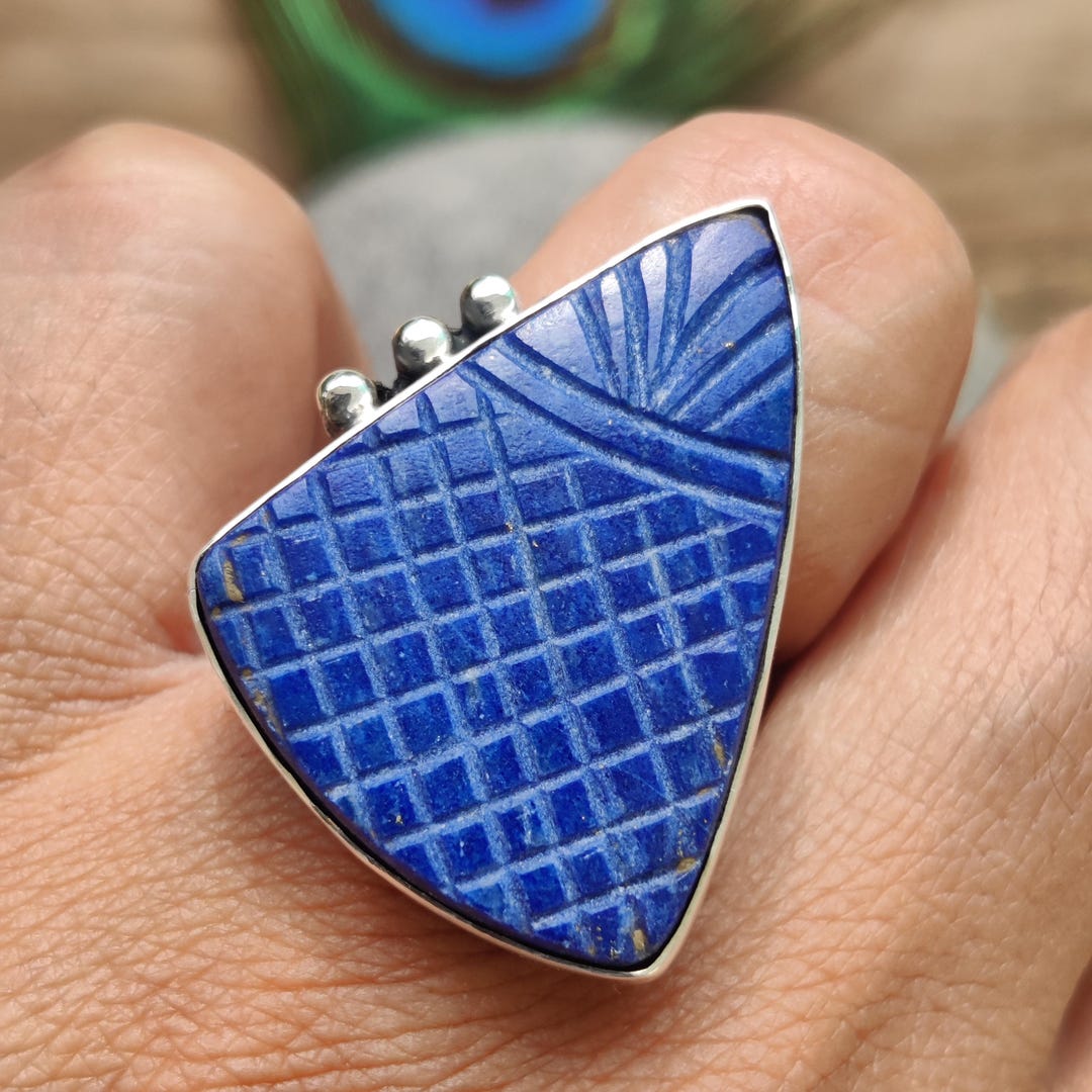 Natural Hand Carved Lapis Lazuli Ring, Solid 925 Sterling Silver Large ...