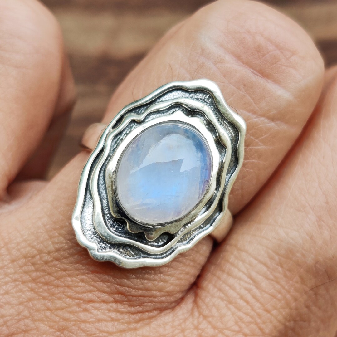 Vintage Moonstone Ring Sterling Silver 925 Handmade Gemstone Statement Hippie bohemian June ...
