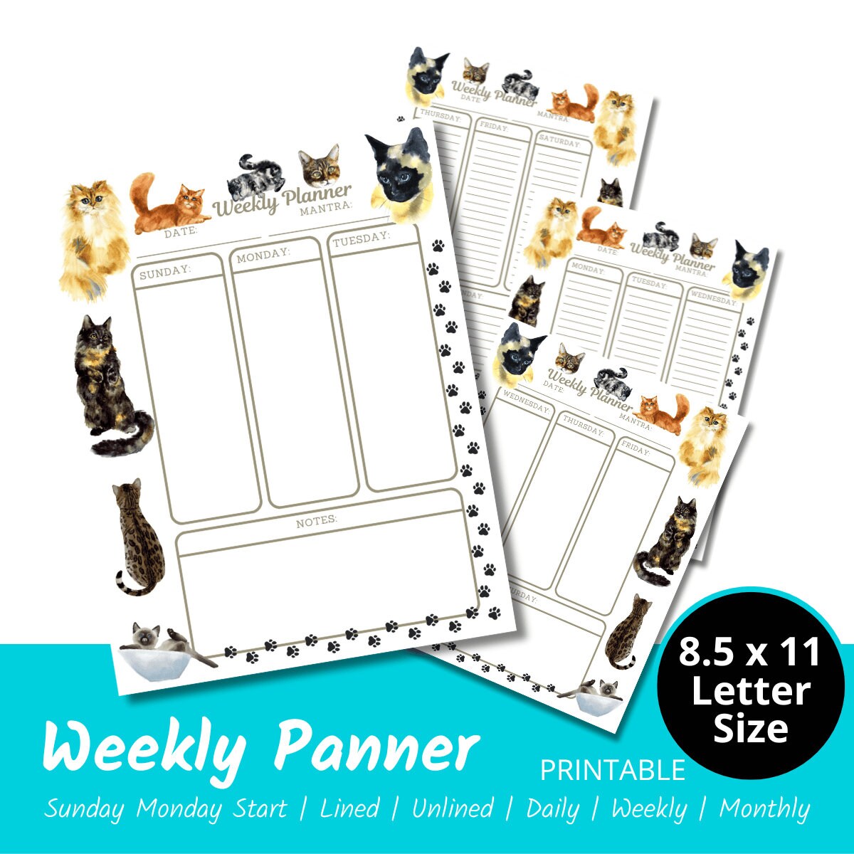 2 Page Weekly Planner Printable PDF Cat, Planner, Sunday Monday Start ...