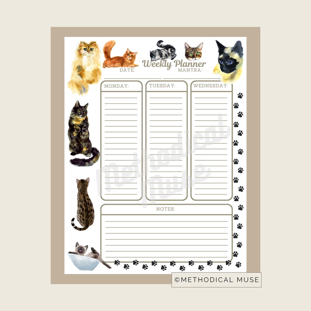 Two Page Weekly Planner Printable, Lined, Monday Start, Cat Planner ...