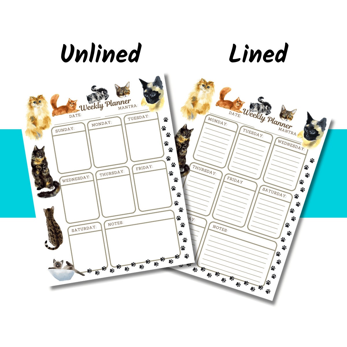 Weekly Planner Printable, Sunday Monday Start, Cat Planner, Pet Planner ...