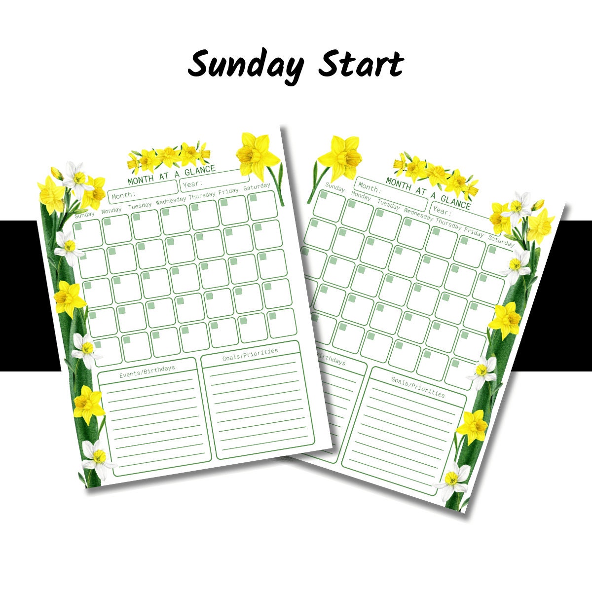 Month at a Glance, Printable Planner Sunday Monday Start, Floral Thene ...