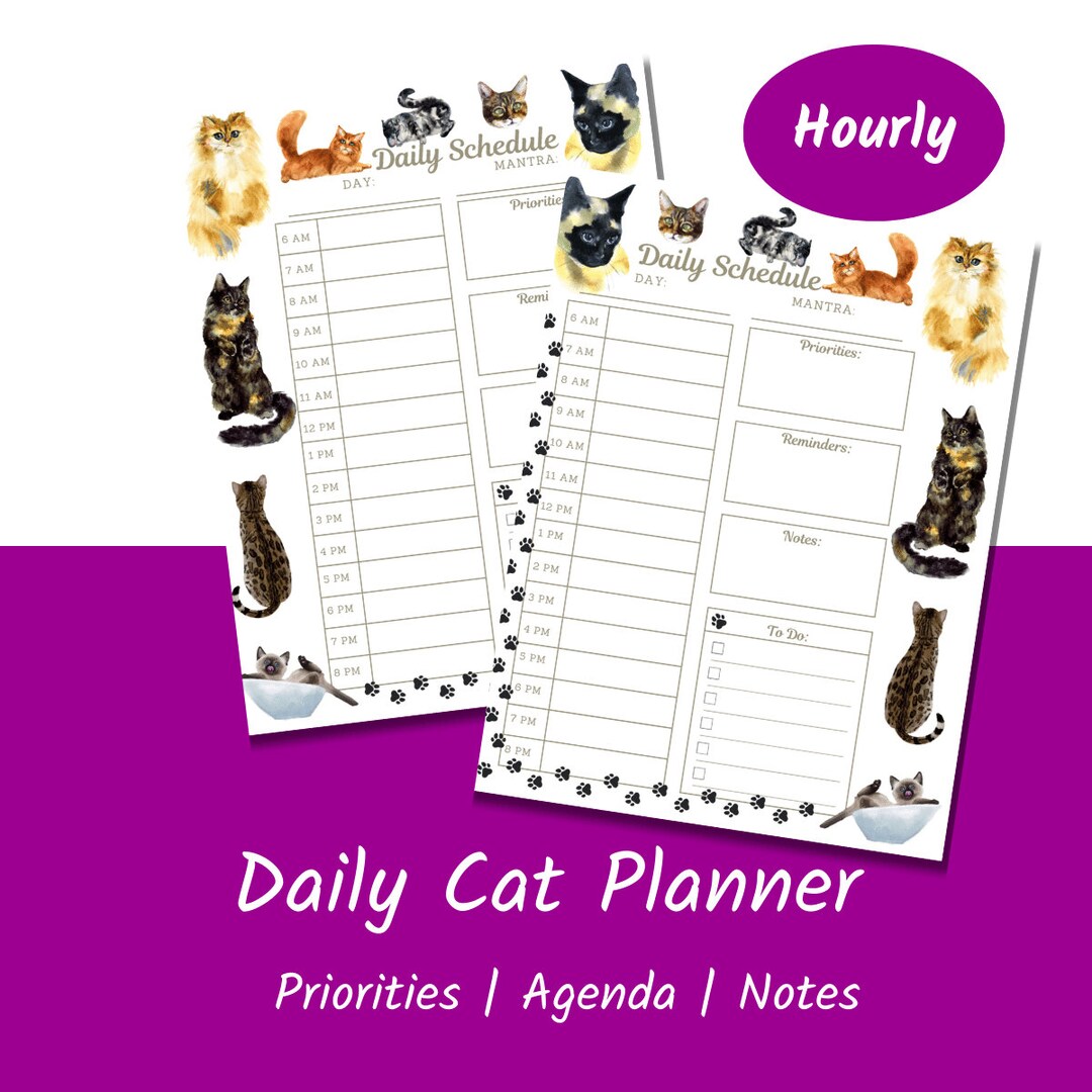 Daily Cat Schedule Printable Pages Hourly Agenda PDF Planner Pages ...