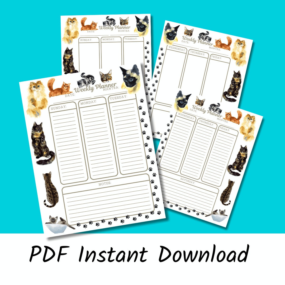 2 Page Weekly Planner Printable PDF Cat, Planner, Sunday Monday Start ...