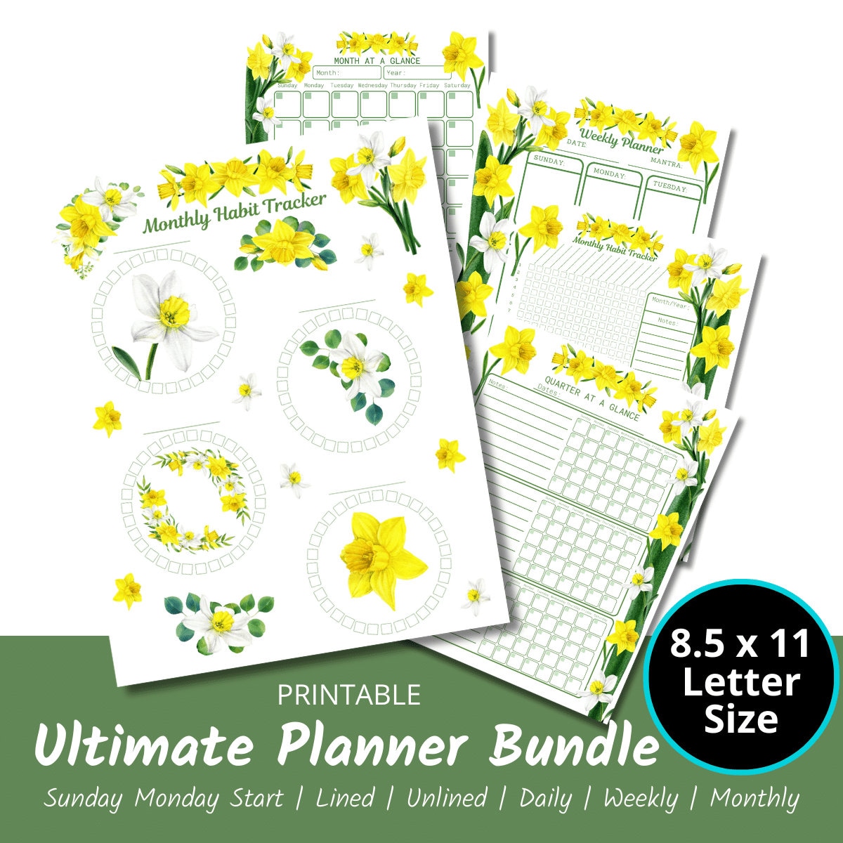 Ultimate Planner Bundle PDF Printable, Daffodil, Floral Theme, Trackers ...