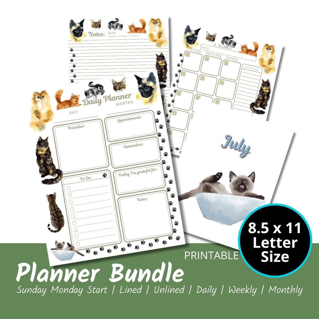Planner Bundle PDF Printable Planner, Sunday Monday Start, Cat Animal ...