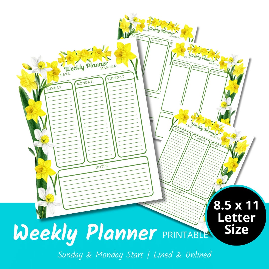 Two Page Weekly Planner Printable PDF, Lined, Unlined, Sunday Monday ...