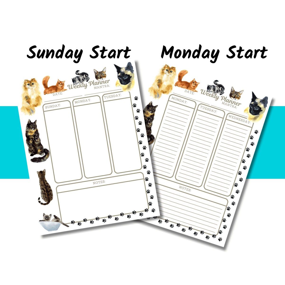 2 Page Weekly Planner Printable PDF Cat, Planner, Sunday Monday Start ...