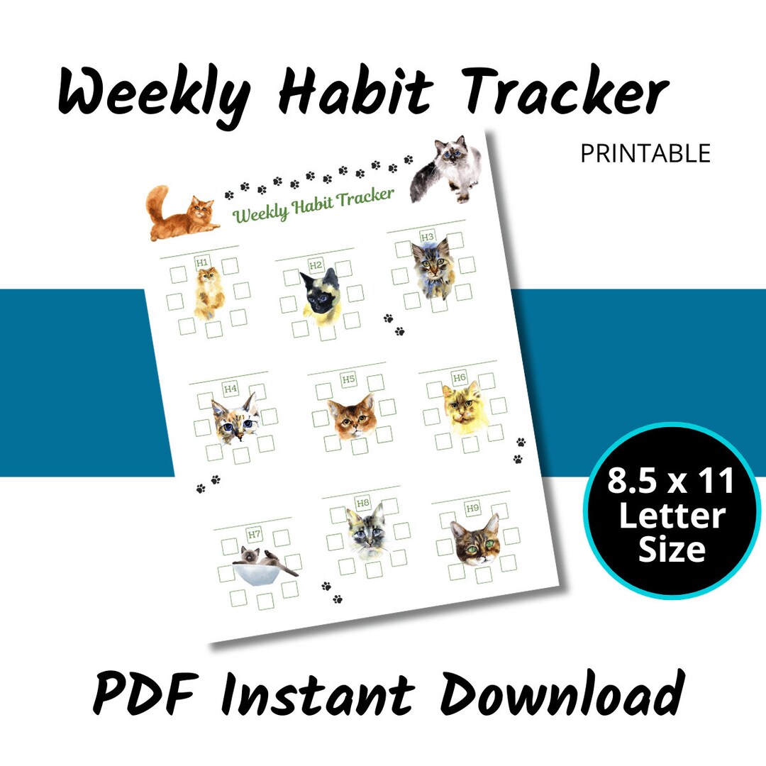 Weekly Habit Tracker Cat Printable PDF Page, Animal Theme, Planner ...
