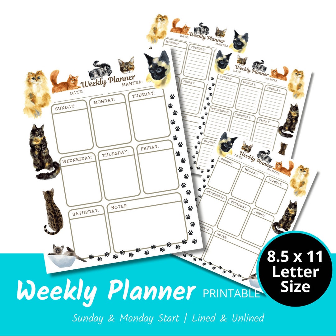 Weekly Planner Printable, Sunday Monday Start, Cat Planner, Pet Planner ...