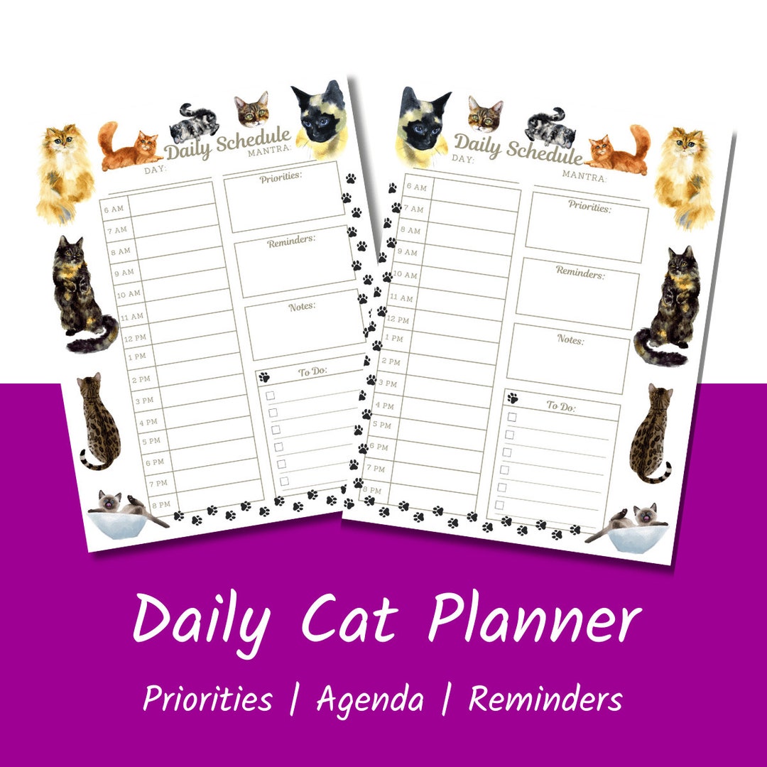 Daily Cat Schedule Printable Pages Hourly Agenda PDF Planner Pages ...