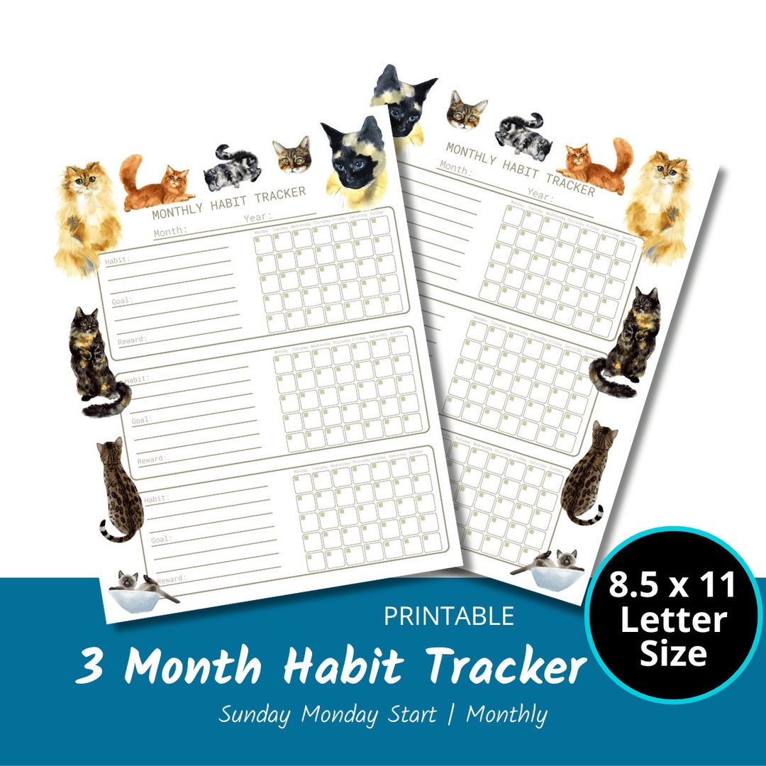 Monthly Habit Tracker Printable PDF, US Letter Size, Tracks 3 Habits ...