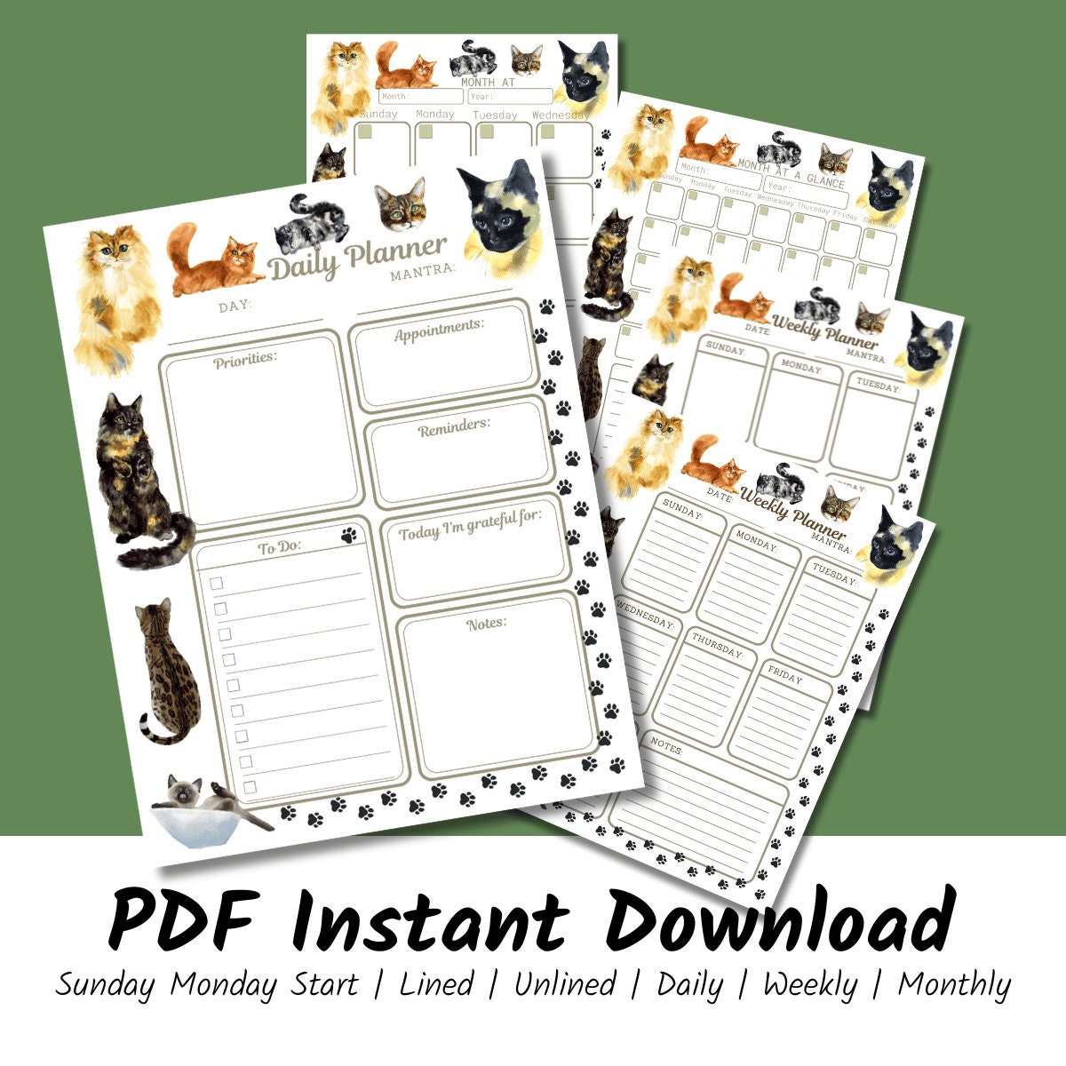 Planner Bundle PDF Printable Planner, Sunday Monday Start, Cat Animal ...