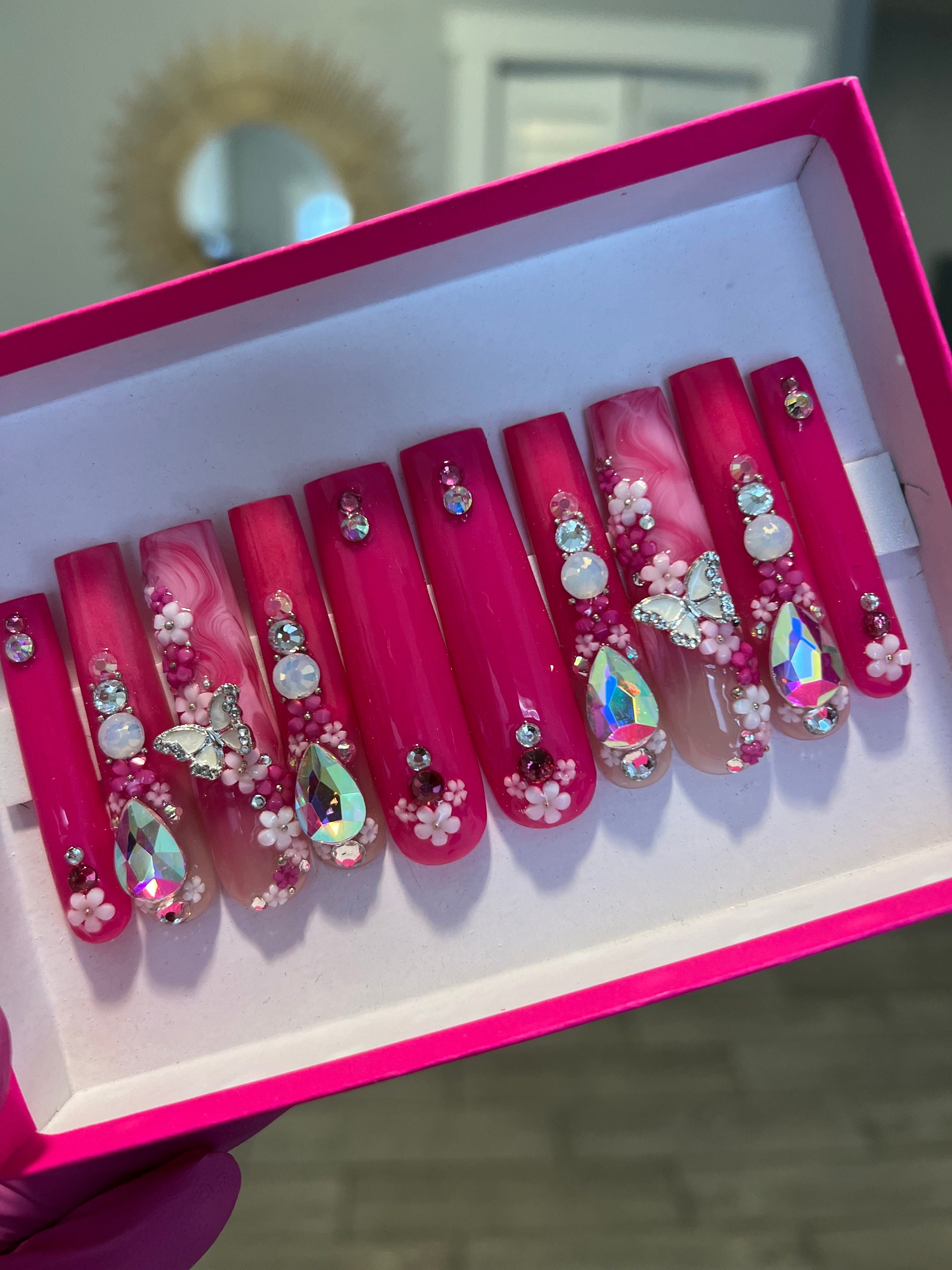 4XL Square Extendo Hot Pink Barbie Inspired Nails| Press on Nails|bling ...