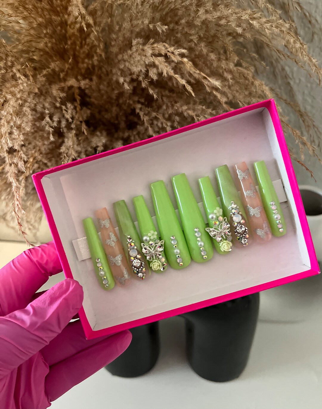 4XL Coffin Extendo Press on Nails| Lime Green Nails | Butterfly Nail ...