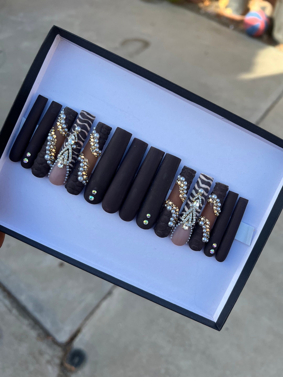 4XL Square Press on Nails|brown Nails| Matte Nails| Bling Nails|zebra ...