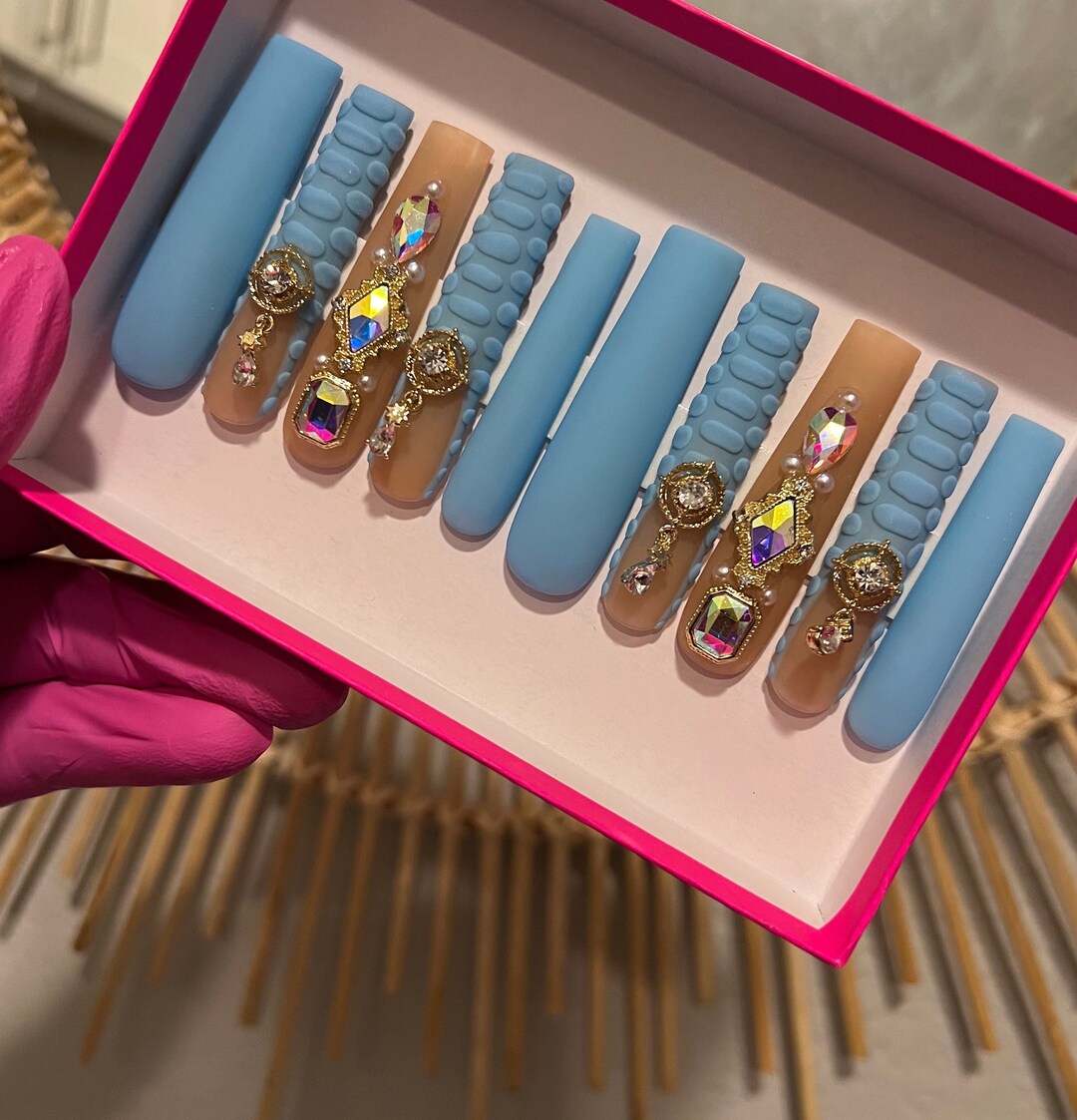 4XL Extendo Length Ocean Blue 3D Croc Design Press on Nails| Bling ...