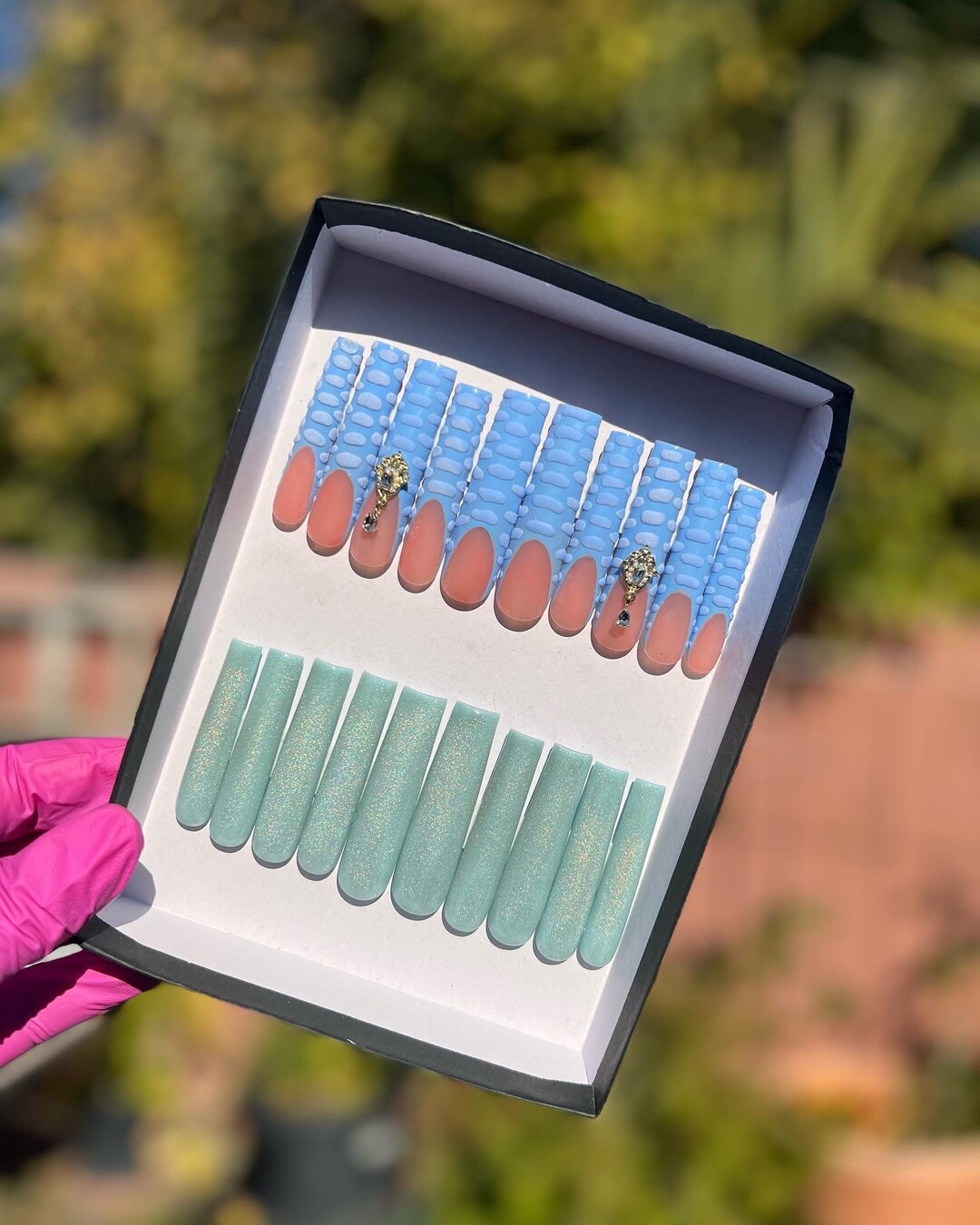 4XL Square Light Blue 3D Croc Nail Design Press on Nails| Long Nails ...