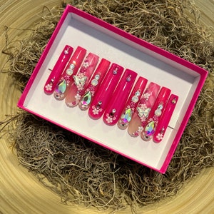 4XL Square Extendo Hot Pink Barbie Inspired Nails| Press on Nails|bling ...