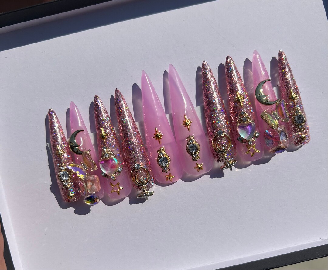 4XL Stiletto| Pink Nails| Glitter Nails| Star & Moon Nail Design| Gold ...